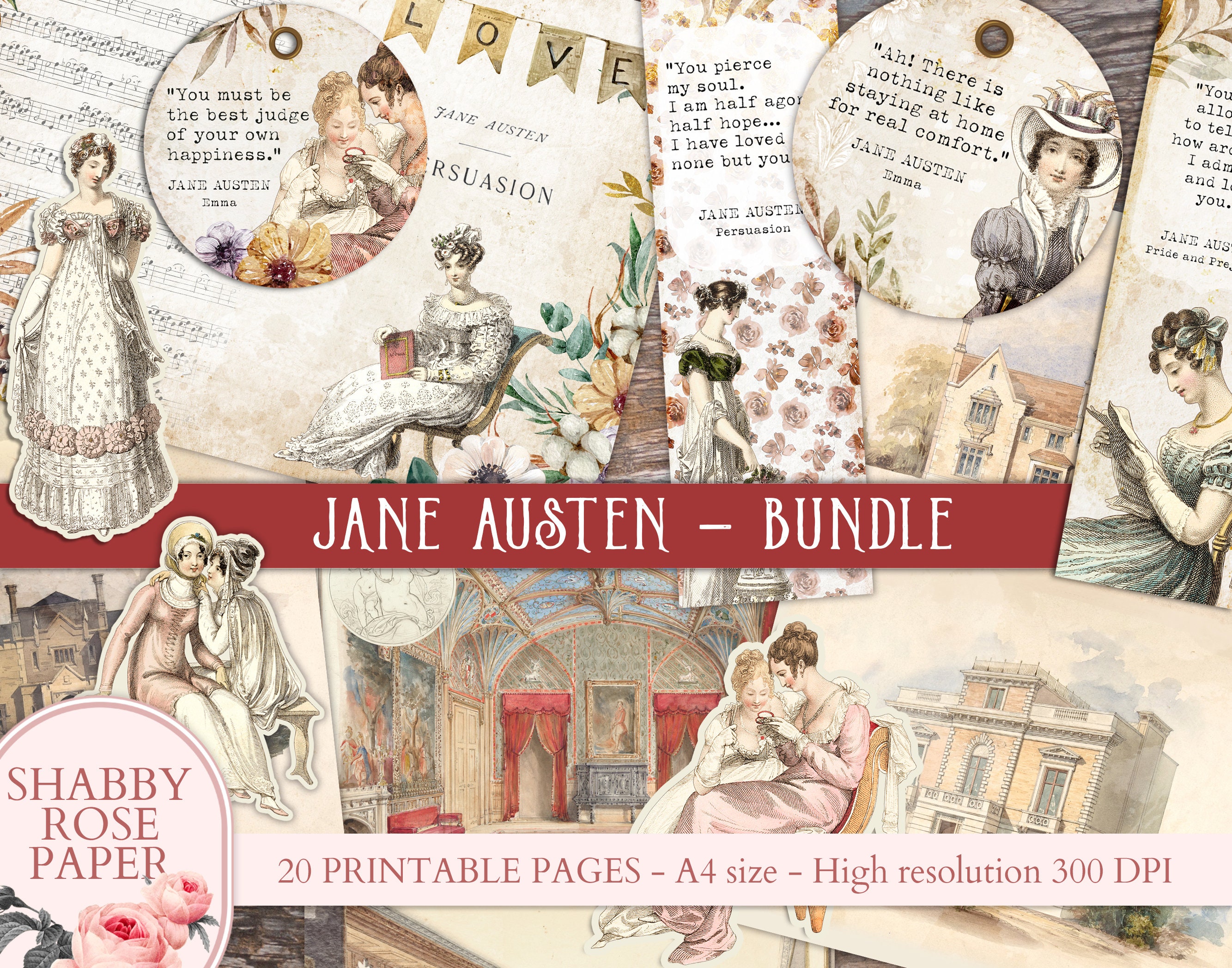20 Pages BUNDLE. Jane Austen Quotes Vintage Ephemera. Pride and ...