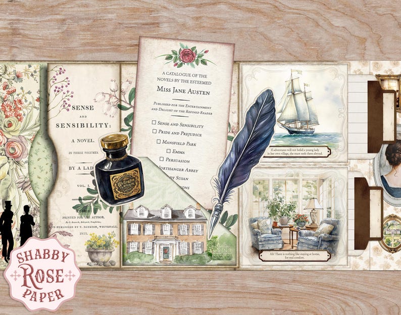 Jane Austen Printable Folio Kit, Vintage Ephemera, Illustrated Quotes ...