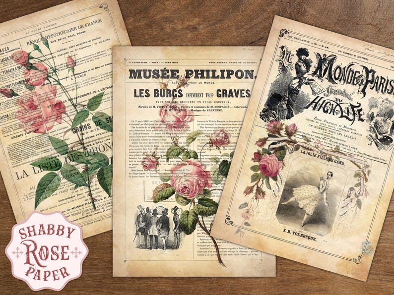French Rose Botanical Printable, Vintage Newspaper Ephemera, Junk ...