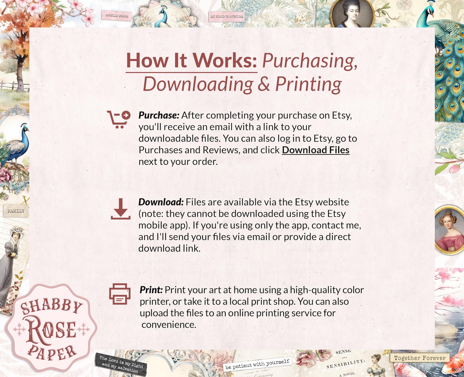 Jane Austen Printables Quotes Patterns, Vintage Floral Junk Journal ...