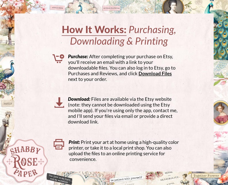 Jane Austen Printables Quotes Patterns, Vintage Floral Junk Journal ...