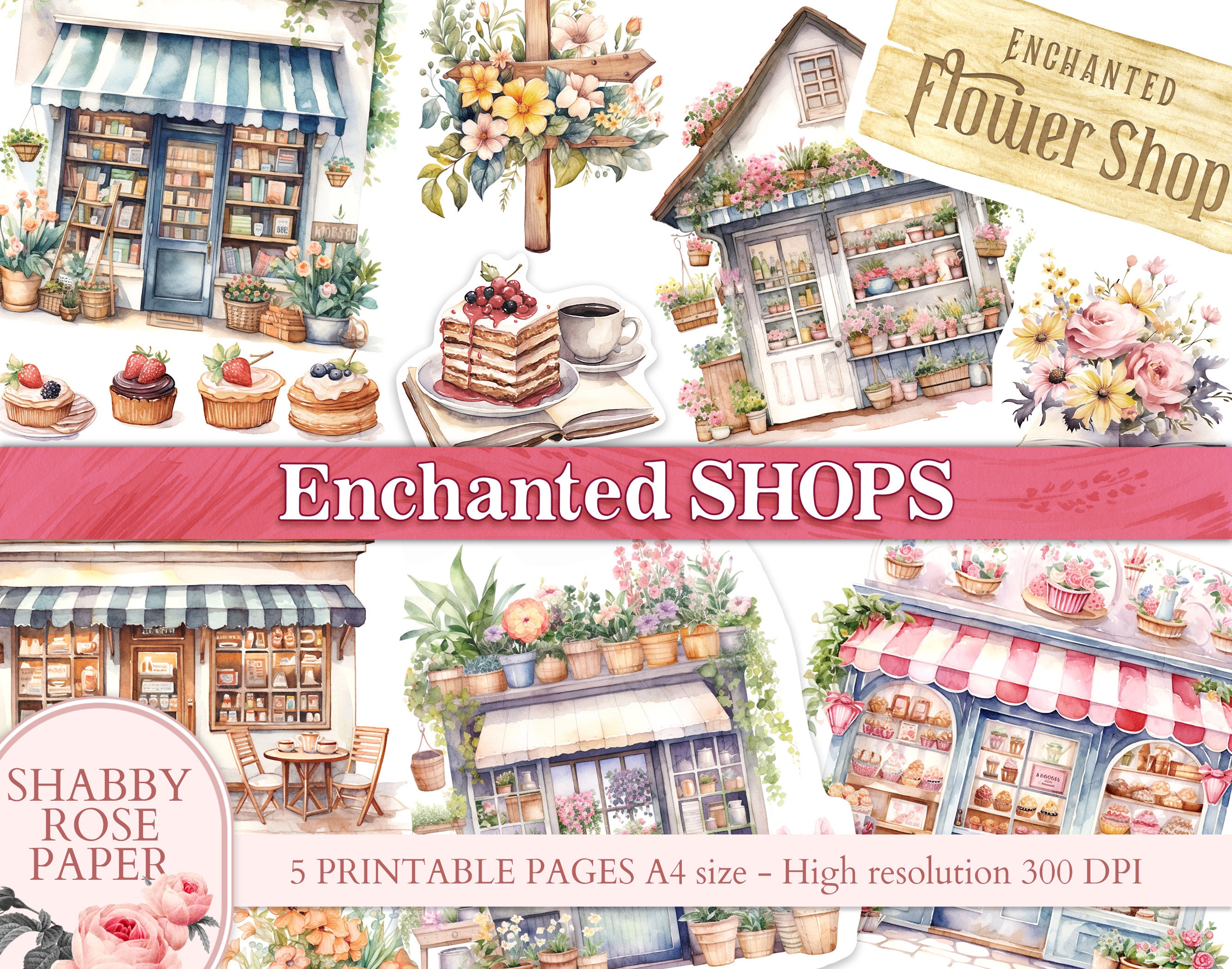 Cute Watercolor Shops. Printable Junk Journal Pages. Enchanting ...