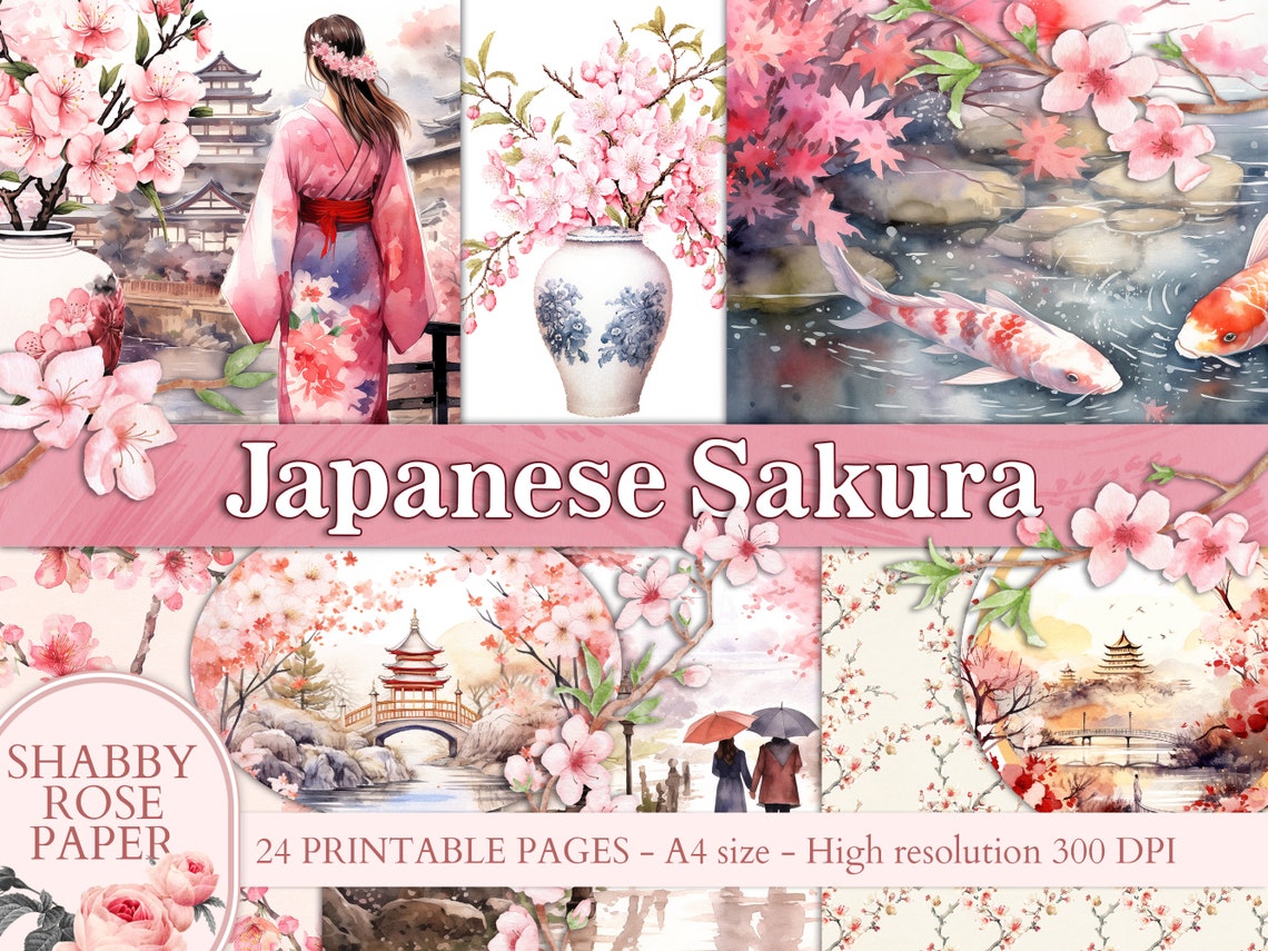 Japanese Sakura Cherry Blossom Spring Junk Journal Pages, Pink ...