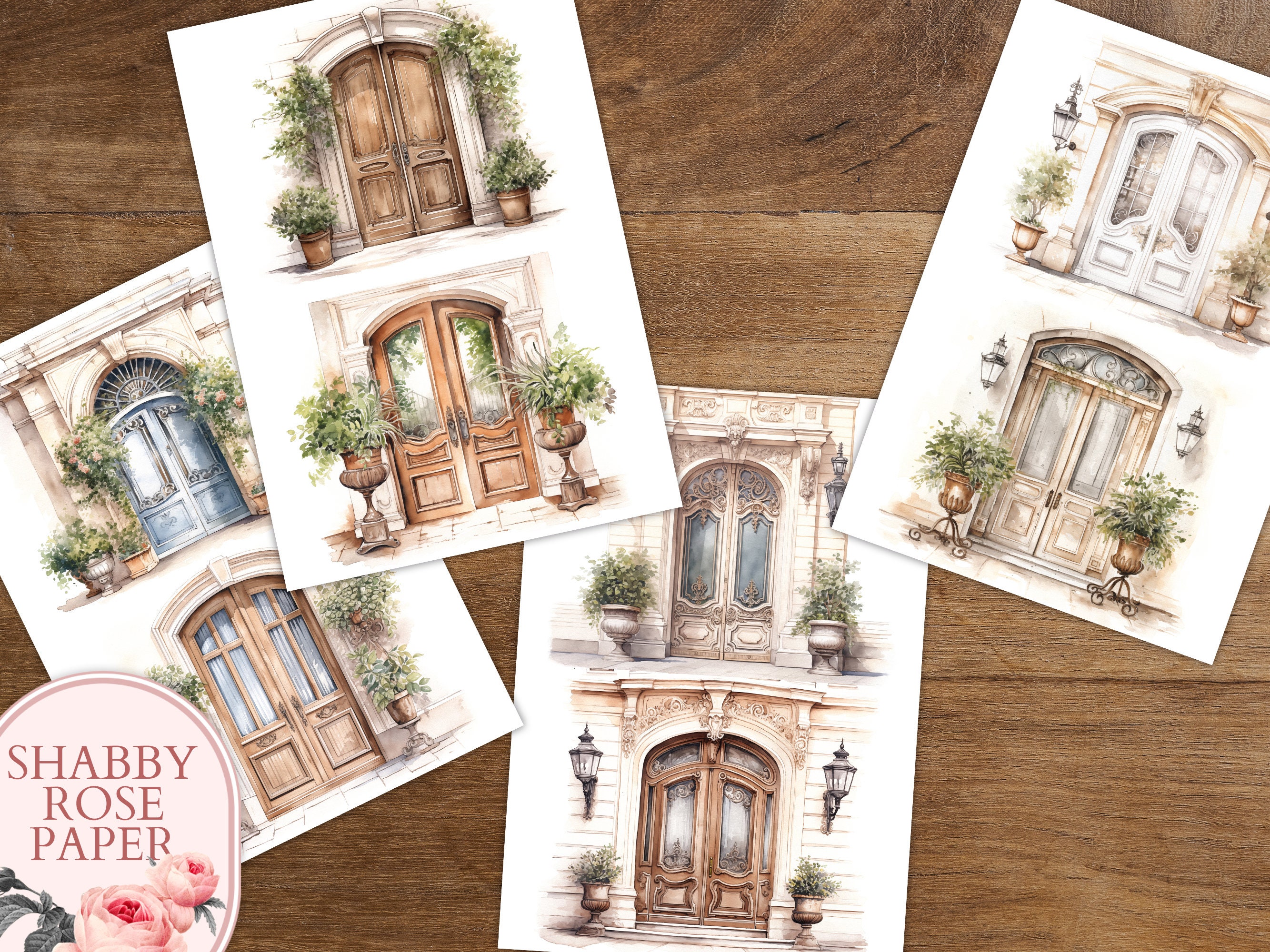 French Doors Walls Windows Backgrounds Junk Journal Pages, Watercolor ...
