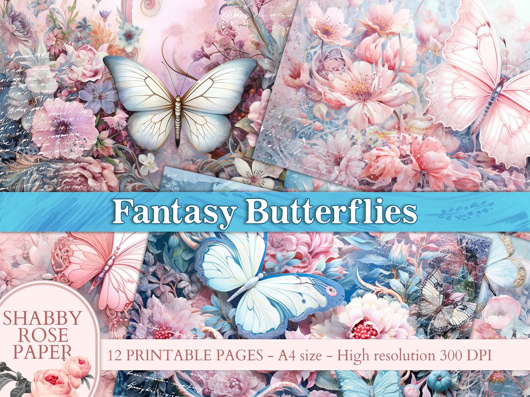 Fantasy Butterfly Junk Journal Pages, Blue and Pink Enchanted Butterfly ...