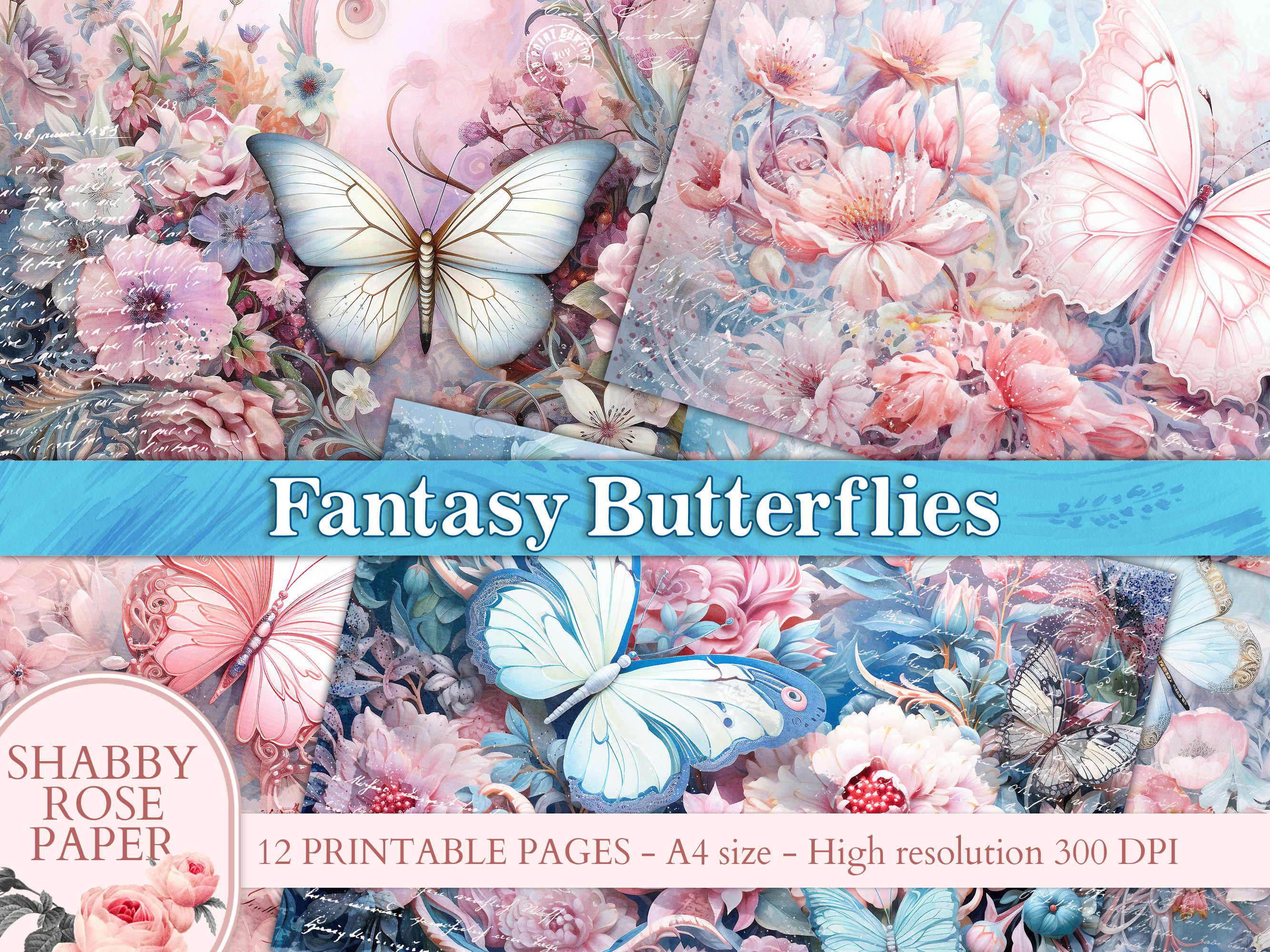 Fantasy Butterfly Junk Journal Pages, Blue and Pink Enchanted Butterfly ...