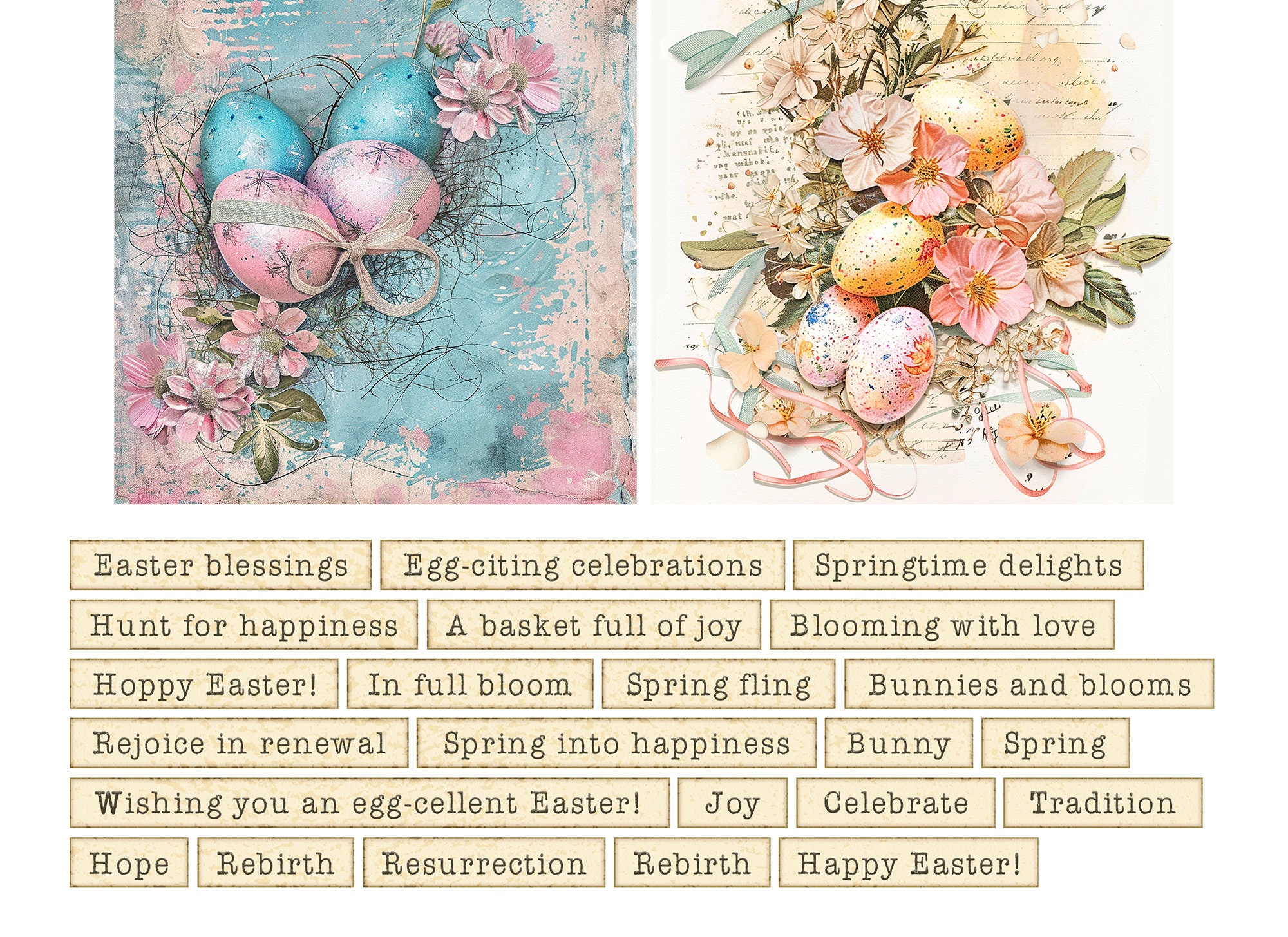 Vintage Easter Bunny Junk Journal Pages Cards Collage, Words Quotes ...