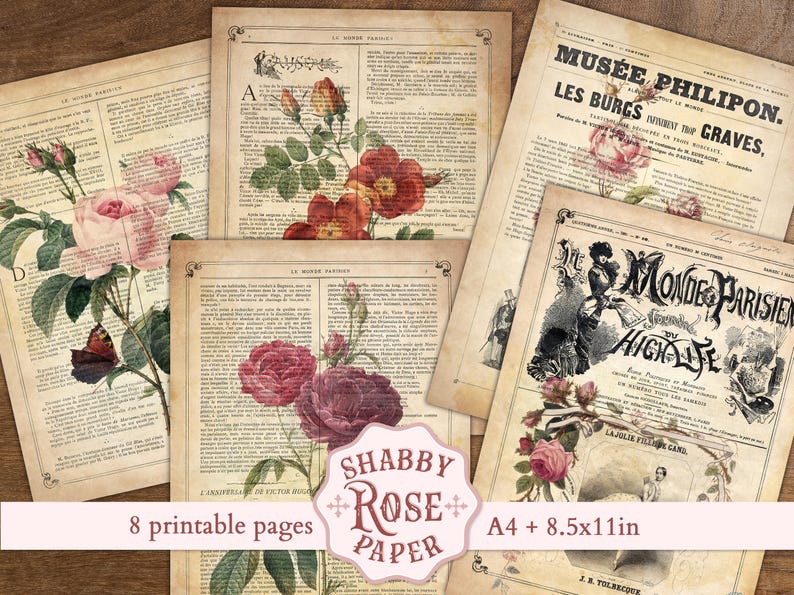 French Rose Botanical Printable, Vintage Newspaper Ephemera, Junk ...