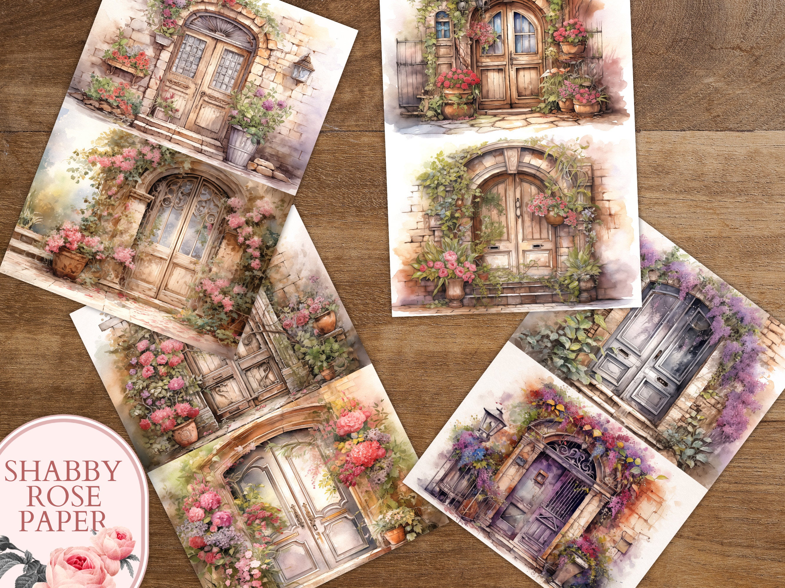 French Doors Walls Windows Backgrounds Junk Journal Pages, Watercolor ...