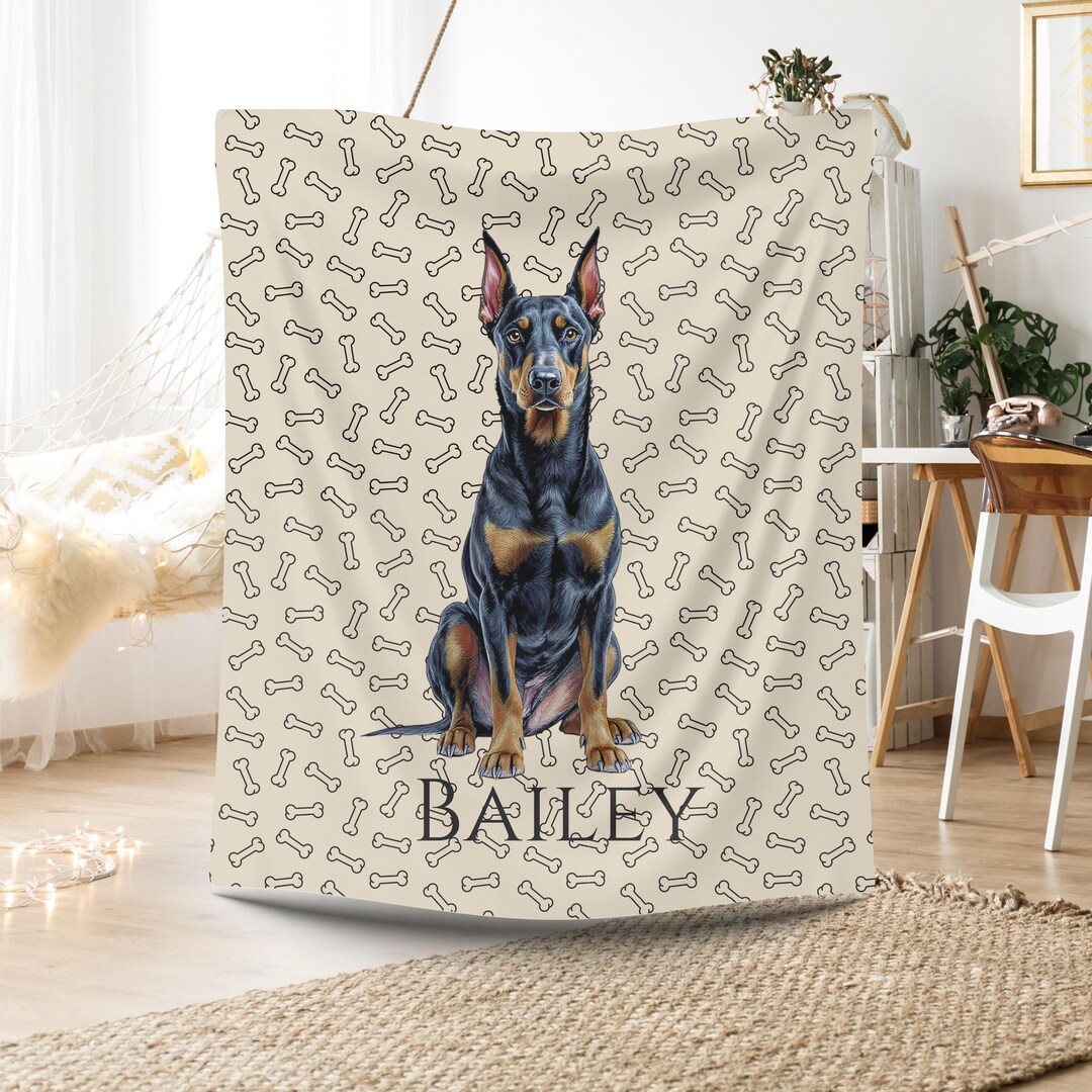 Doberman Pinscher Dog Blanket, Personalized Name Doberman Plush Blanket ...