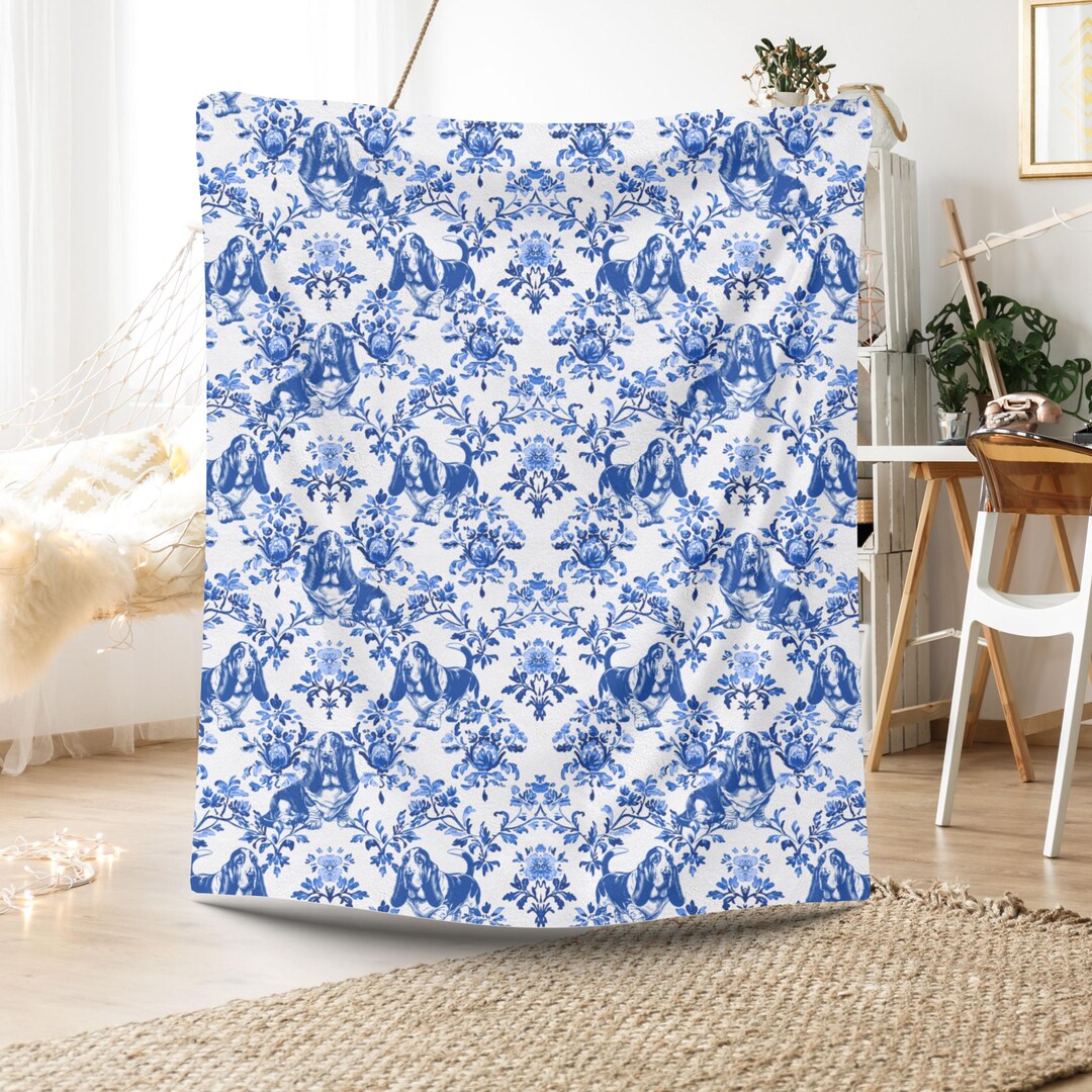 Basset Hound Blue French Toile De Jouy Blanket, Basset Hound Dog Blue ...