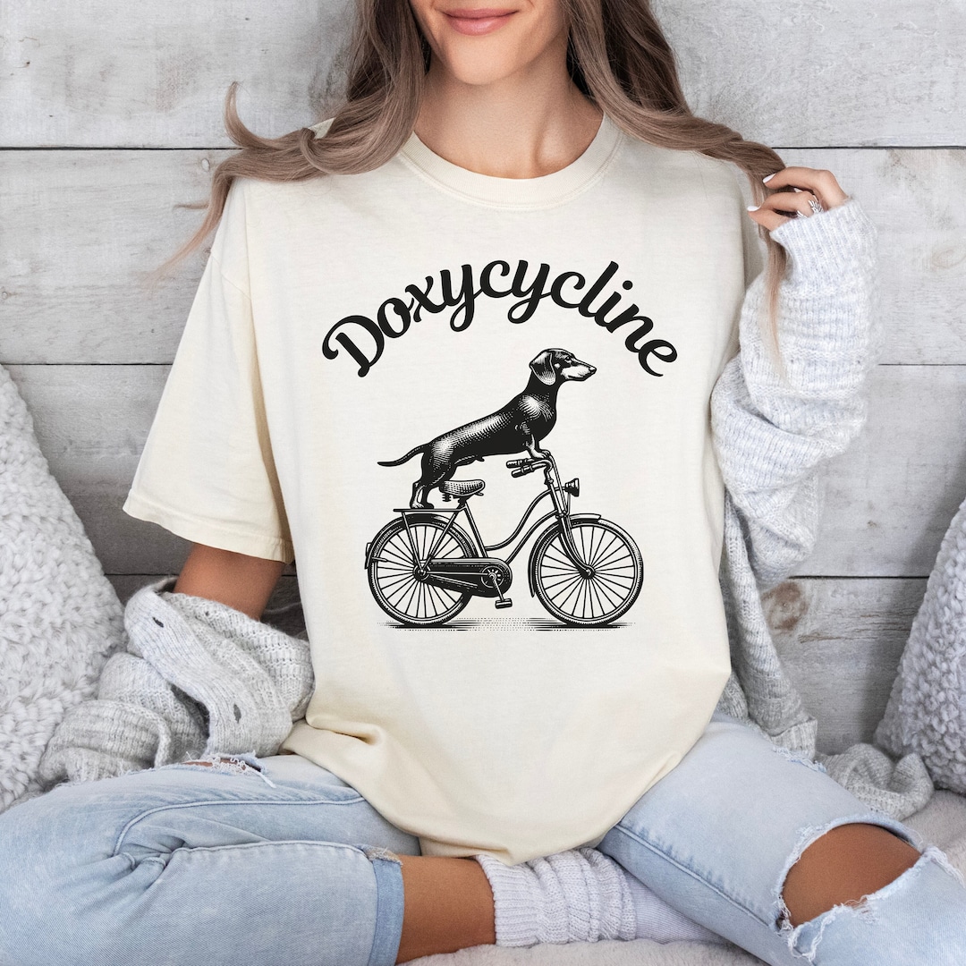 Doxycycline Pharmacy Pun T-shirt, Dachshund Dog on Bicycle Tee, Funny ...