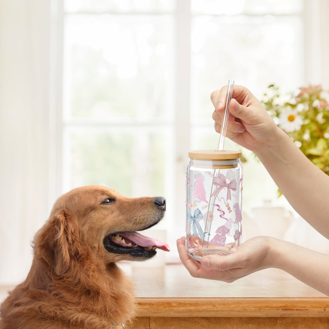 Golden Retriever Glass Coffee Cup Gift, Pink Bow Gold Retriever 16oz ...