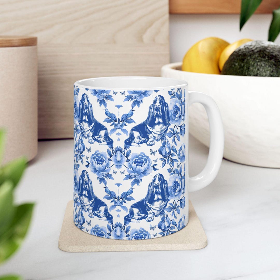 Basset Hound Toile De Jouy Mug, French Blue Toile Basset Hound Gift ...