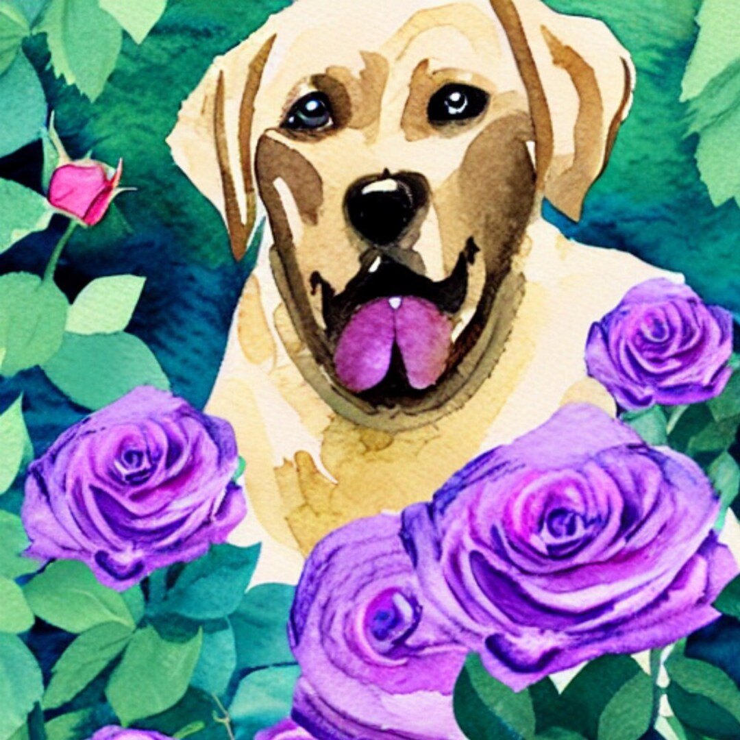 Yellow Labrador Sitting Between Purple Roses Labrador - Etsy