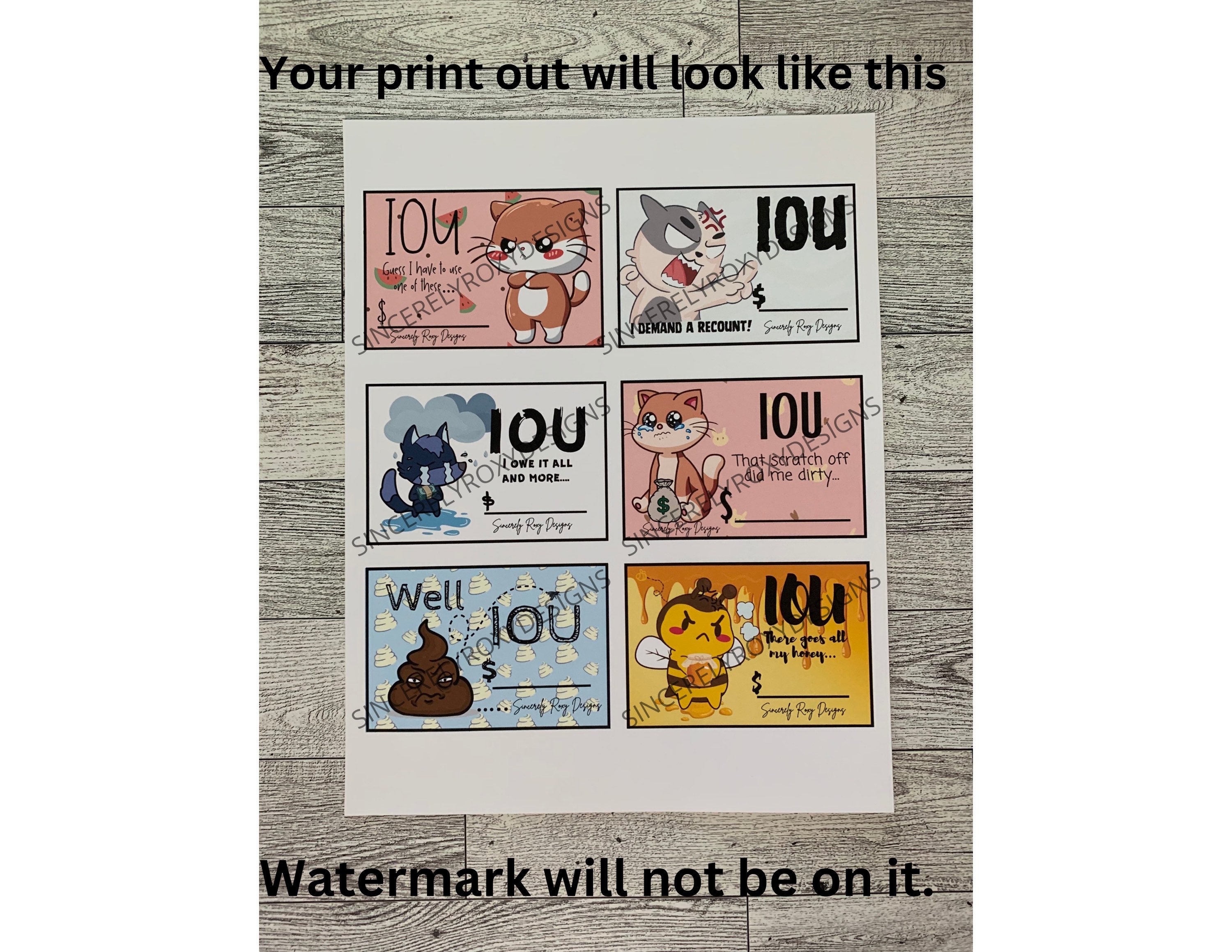 Cute IOU Slip Placeholders, PRINTABLE Set of 6 - Etsy