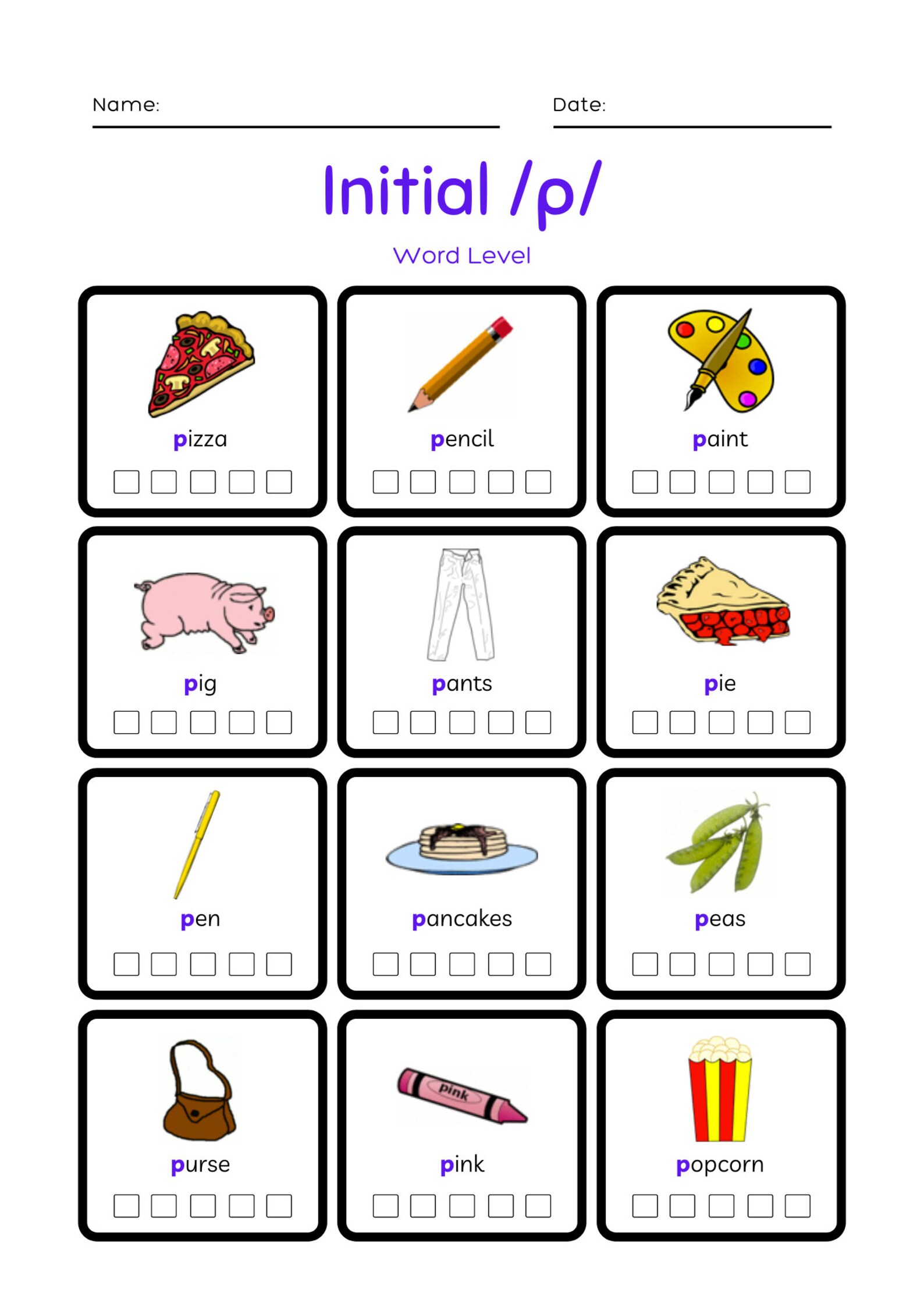 Articulation Flashcards and Worksheets Complete /p/ Phoneme, Initial ...