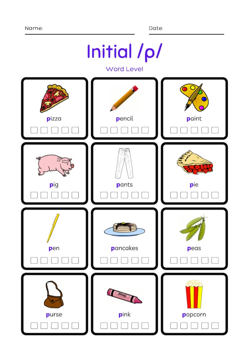 Articulation Flashcards and Worksheets - Complete /p/ Phoneme, Initial ...