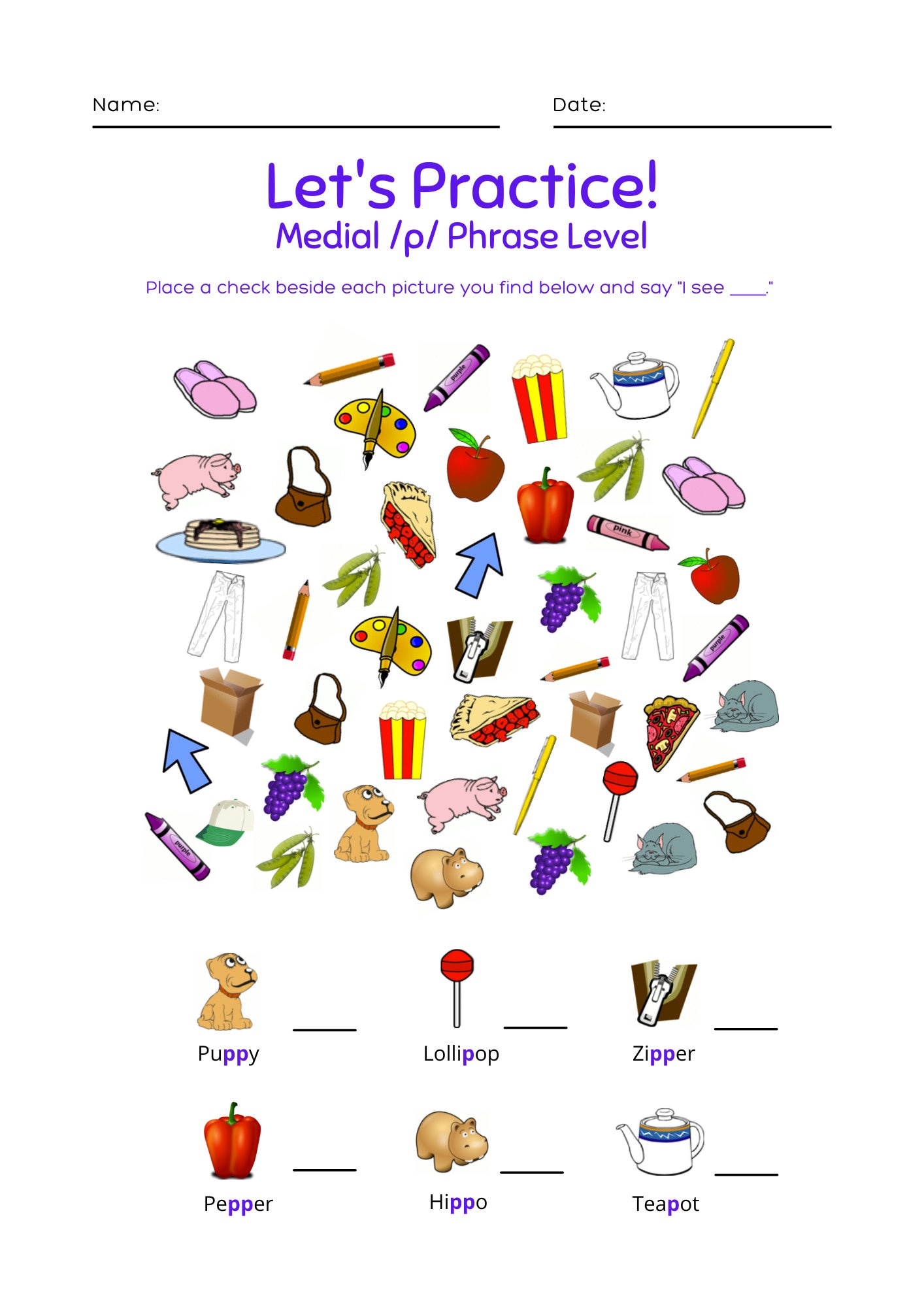 Articulation Flashcards and Worksheets - Complete /p/ Phoneme, Initial ...