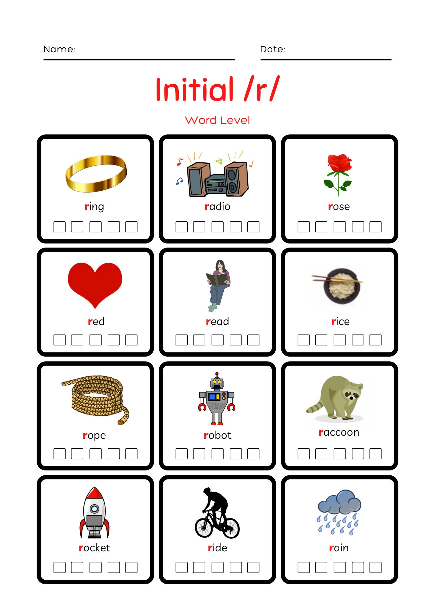 Articulation Flashcards and Worksheets - Complete /r/ Phoneme: Initial ...