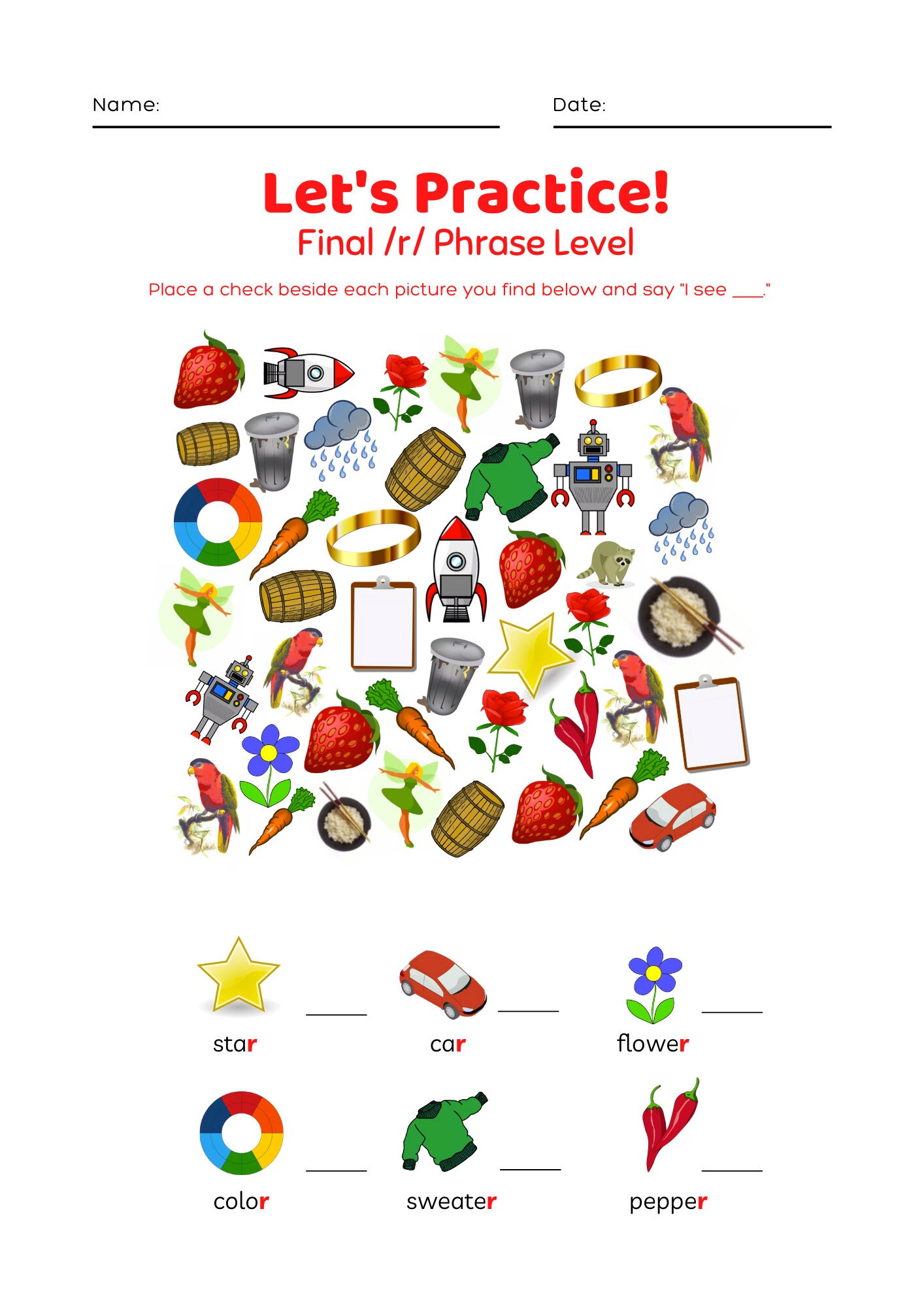 Articulation Flashcards and Worksheets - Complete /r/ Phoneme: Initial ...