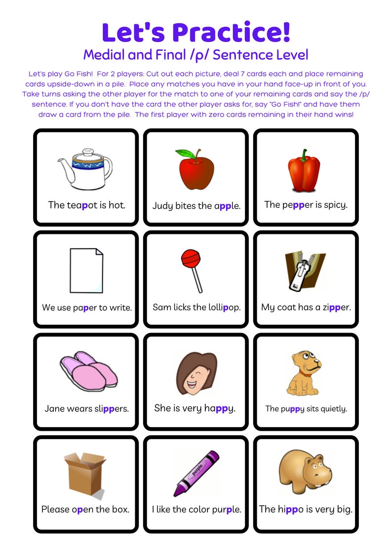 Articulation Flashcards and Worksheets - Complete /p/ Phoneme, Initial ...