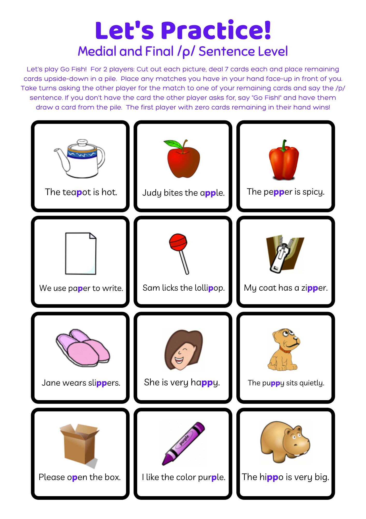 Articulation Flashcards and Worksheets - Complete /p/ Phoneme, Initial ...