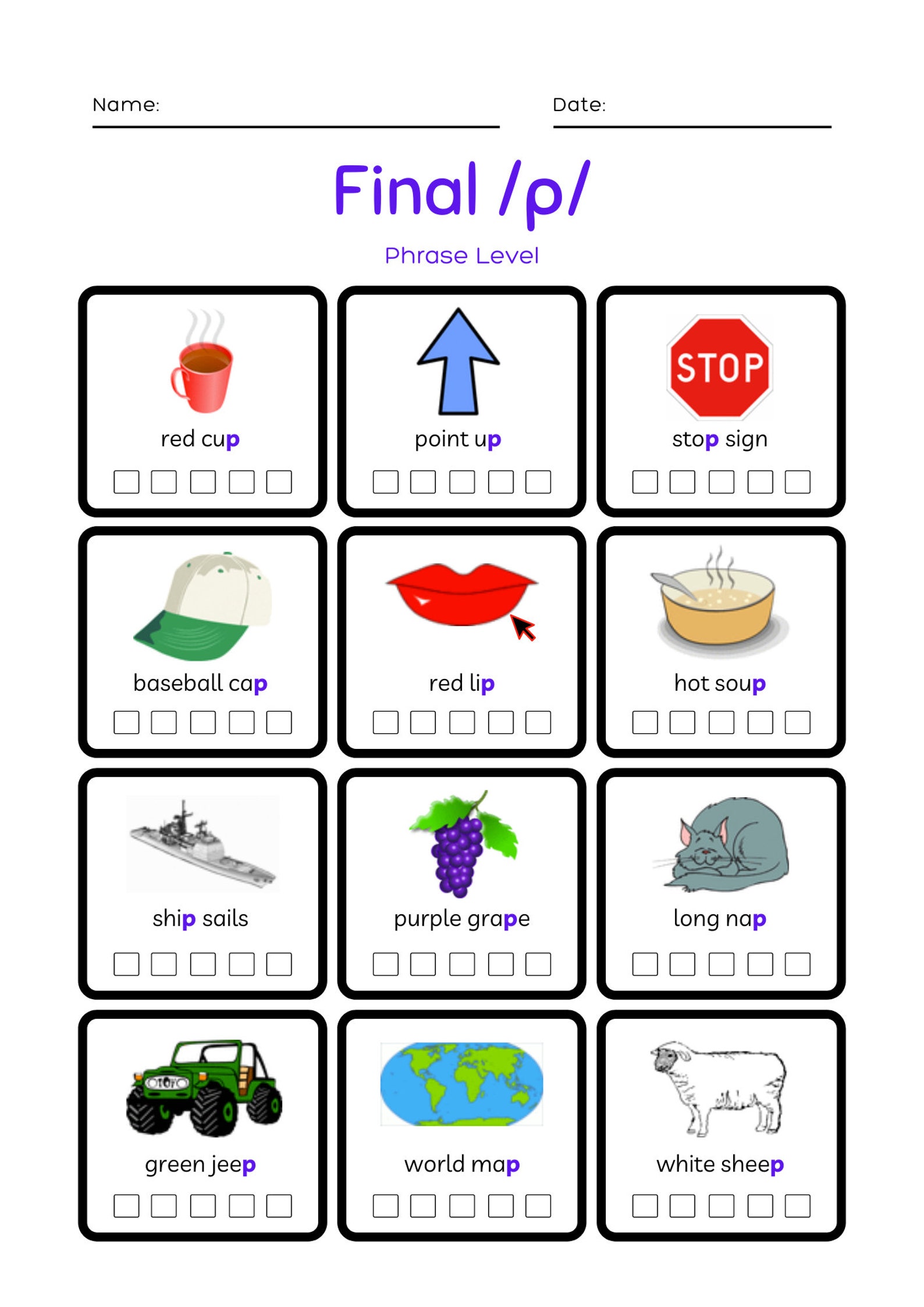 Articulation Flashcards and Worksheets - Complete /p/ Phoneme, Initial ...