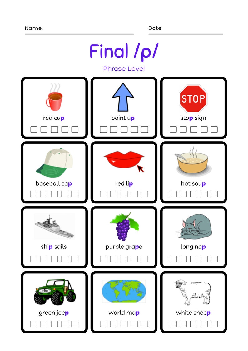 Articulation Flashcards and Worksheets - Complete /p/ Phoneme, Initial ...