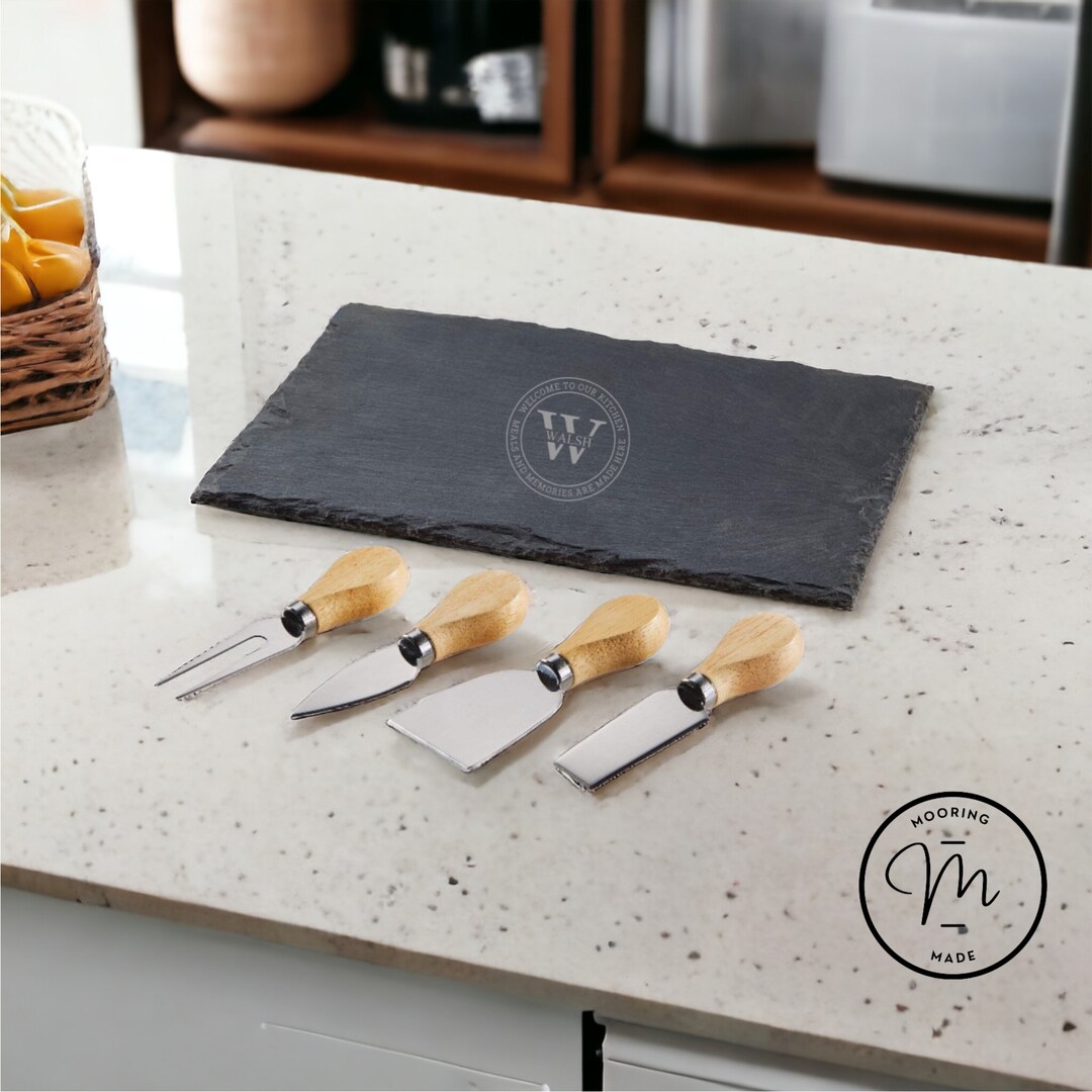 Welcome to Our Kitchen Engraved Slate Serving Tray With Cheese Knives ...