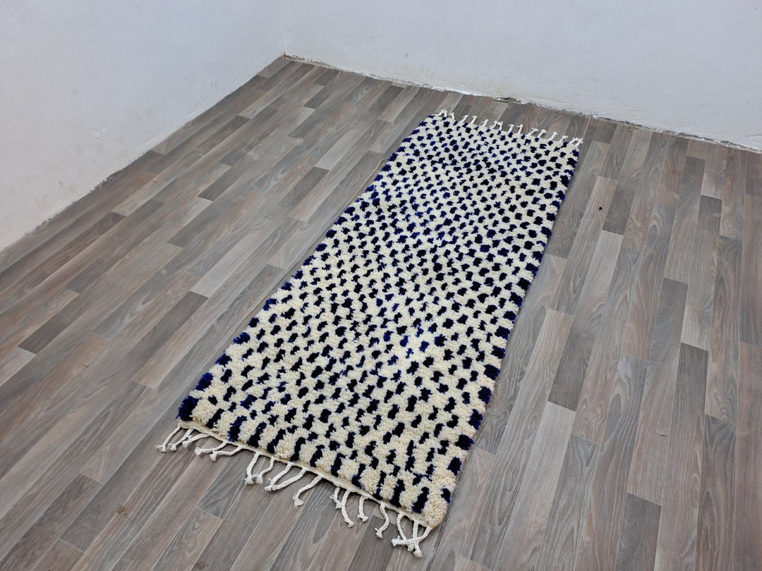 Handmade Moroccan Wool Rug Runner: Blue & White Flatweave Kilim - Etsy