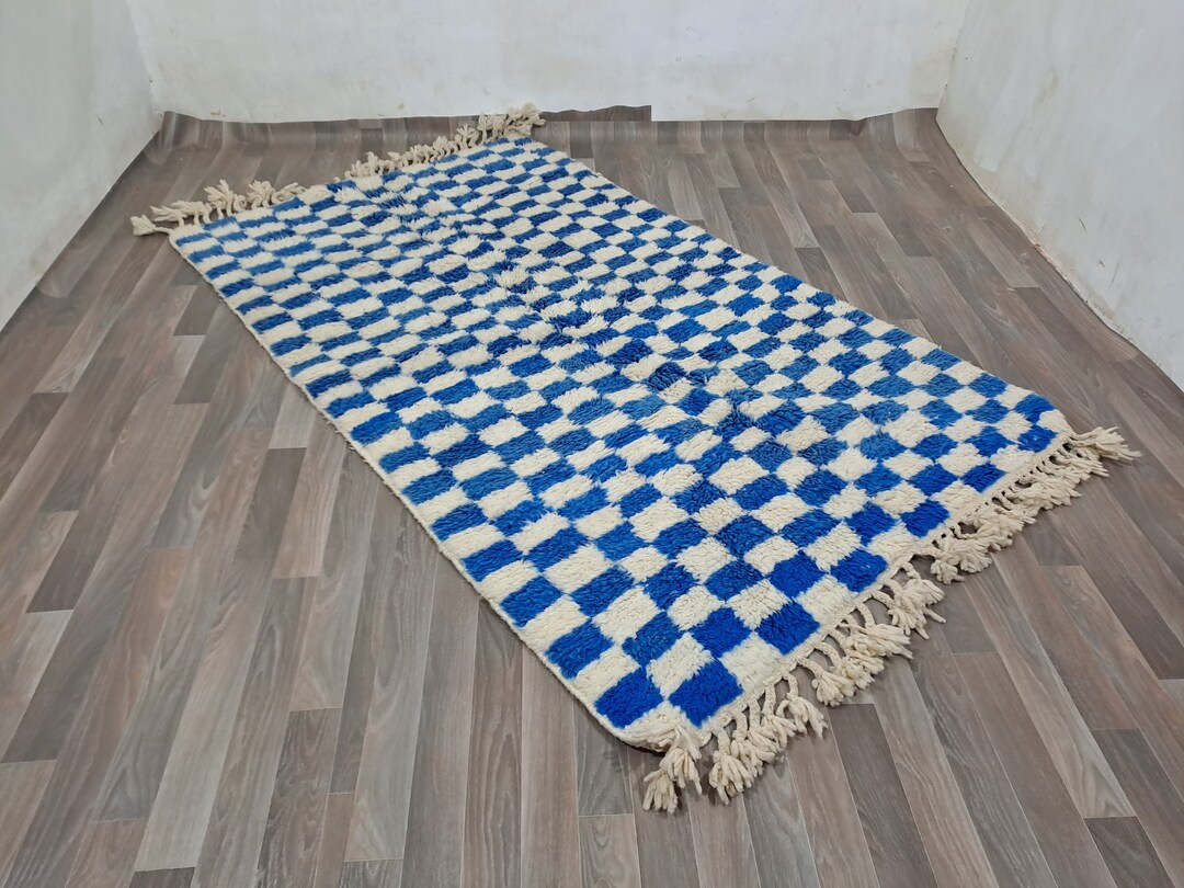 Moroccan Wool Rug: Royal Blue Checkered Pattern (8x4 Ft Handwoven) - Etsy