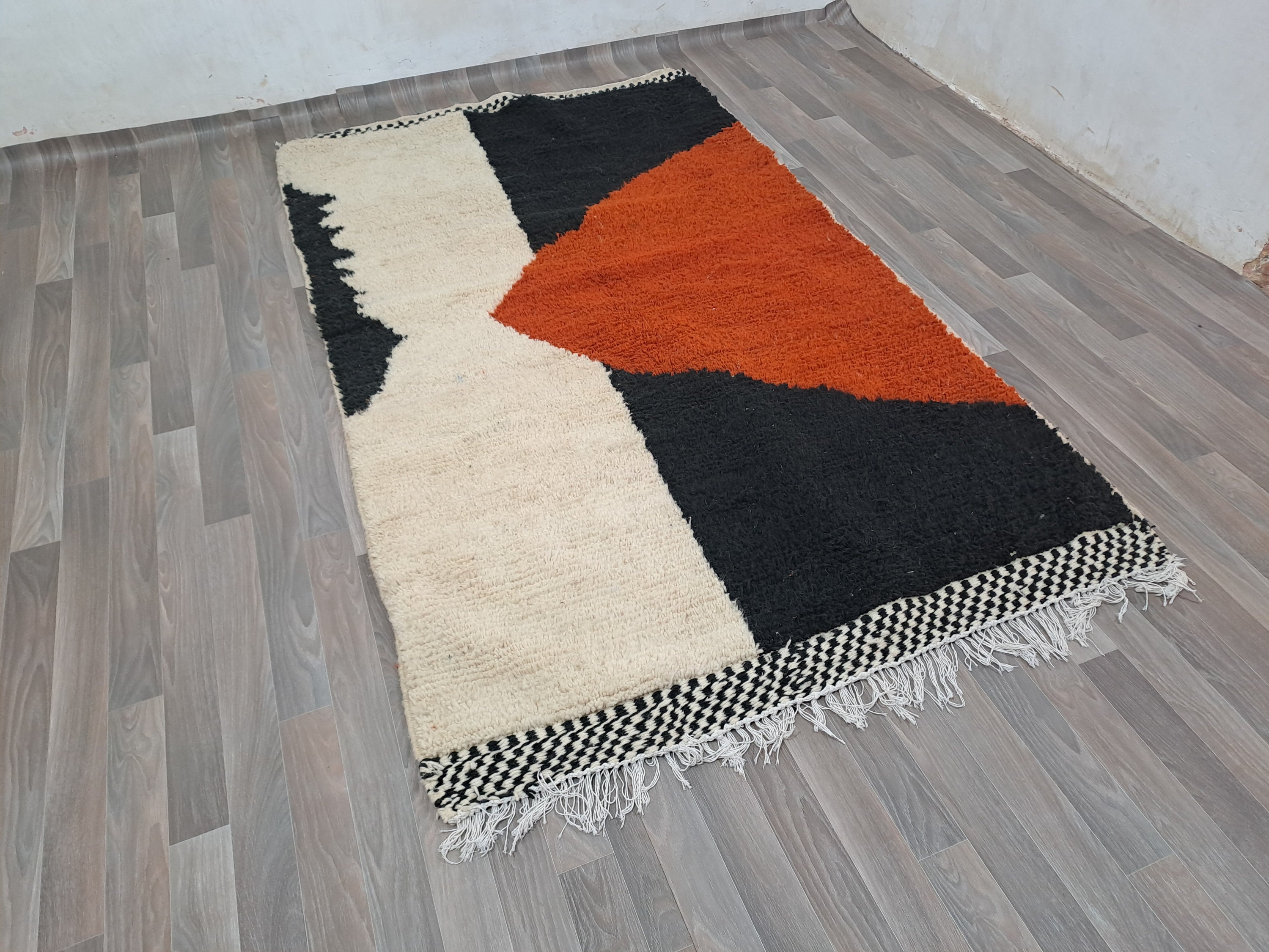 Moroccan Wool Runner Rug, Checkered Pattern, Orange Accents (custom ...