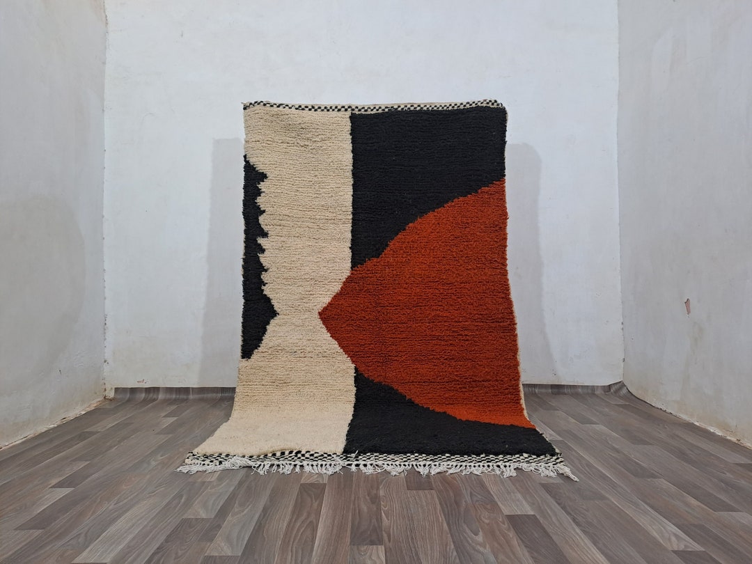 Moroccan Wool Runner Rug, Checkered Pattern, Orange Accents (custom ...