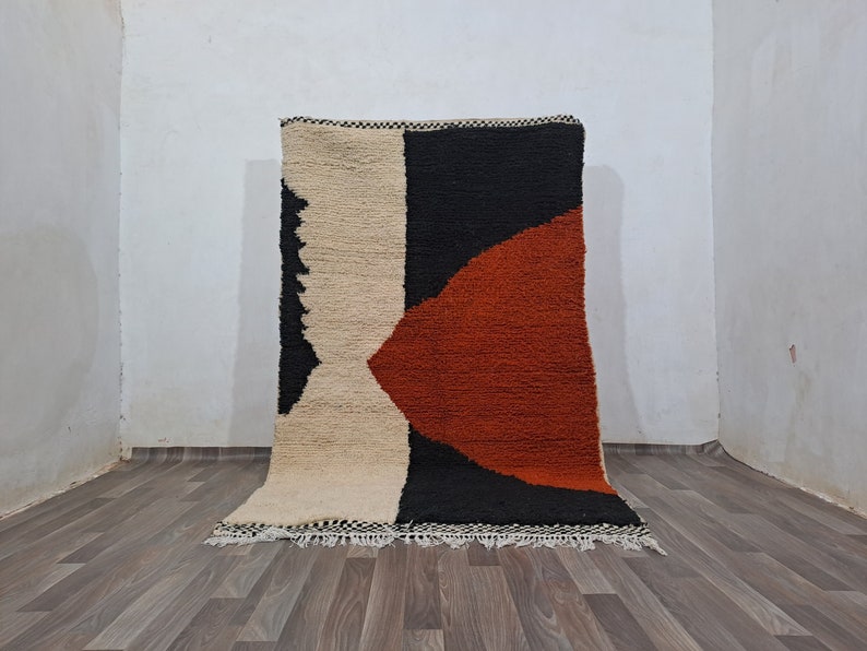 Moroccan Wool Runner Rug, Checkered Pattern, Orange Accents (custom ...