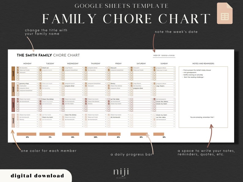 Family Chore Charts - Google Sheets Template - Editable Weekly Family ...