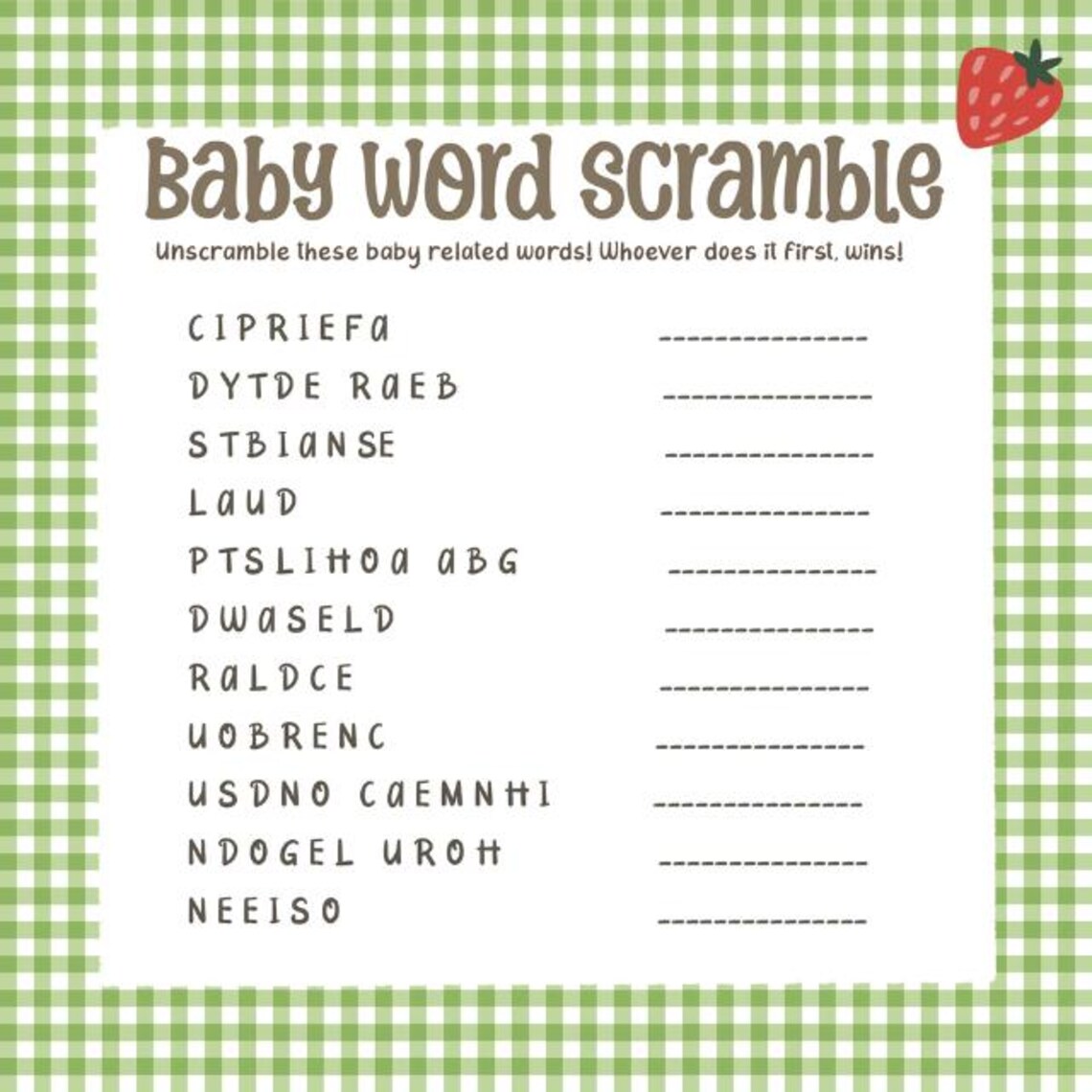 Baby Shower Word Scramble Game - Strawberry Gingham Design - Etsy