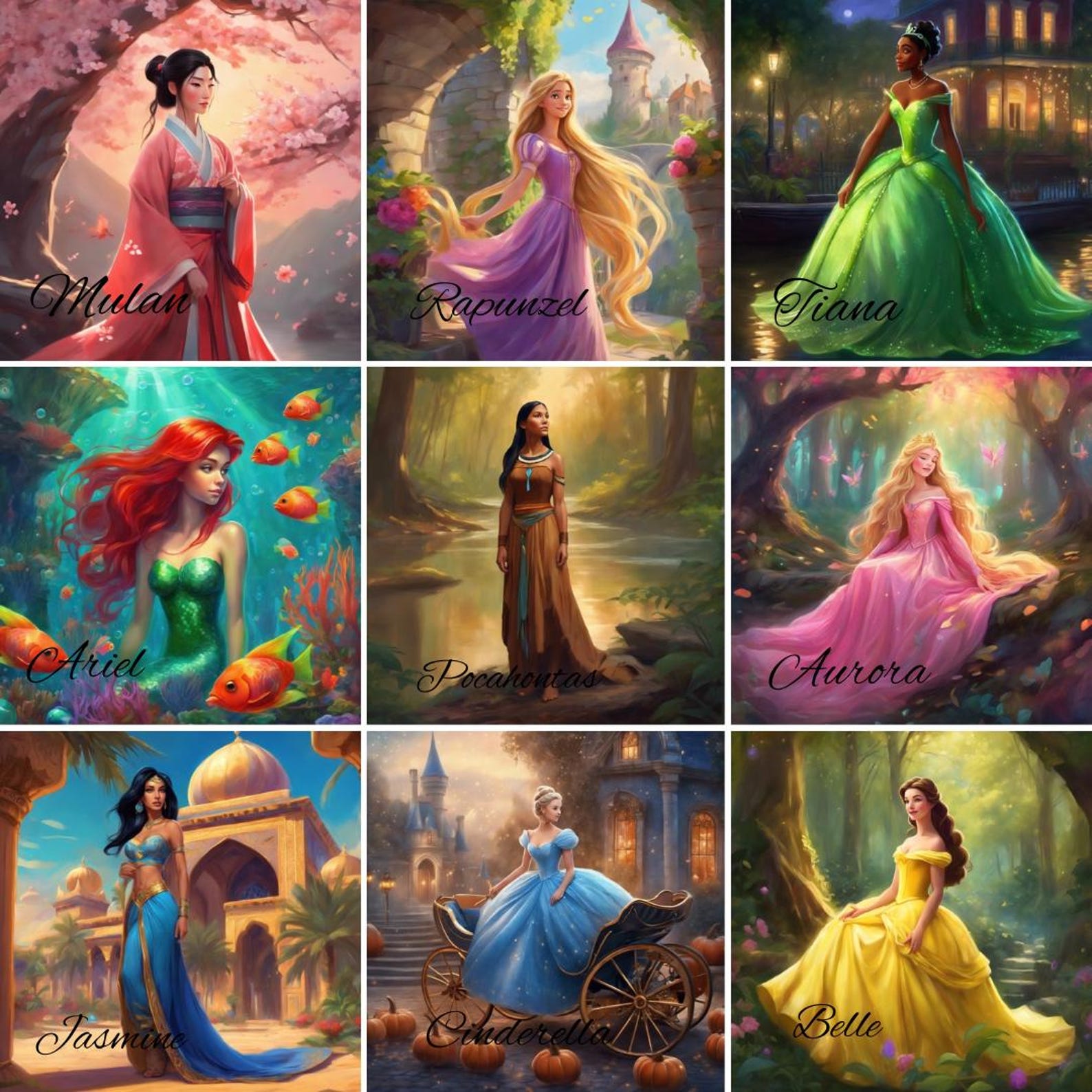 Disney Princesses, 9 Custom Oil Painting Prints, Ariel, Tiana ...