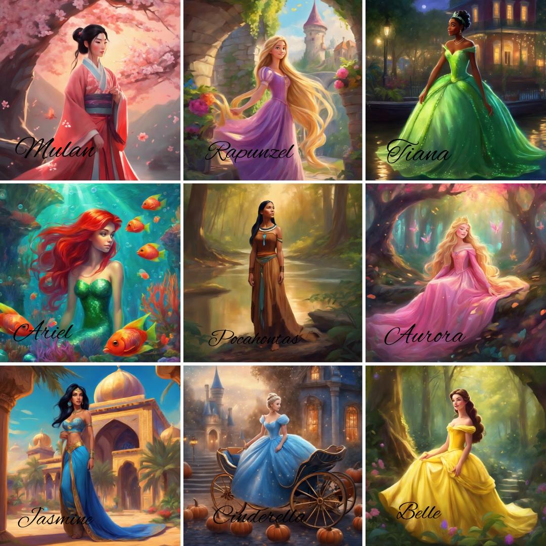 Disney Princesses, 9 Custom Oil Painting Prints, Ariel, Tiana ...