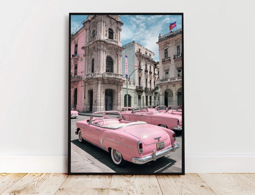 50s Vintage Havana Wall Art - Pink Car Poster - Retro Cuban Decor ...
