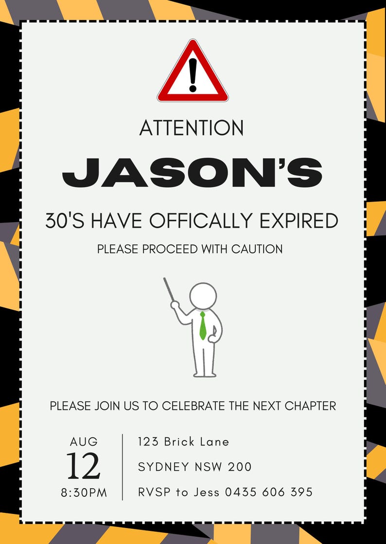 Funny Milestone Birthday Invitation: Cheeky Caution Design (5x7, Canva ...
