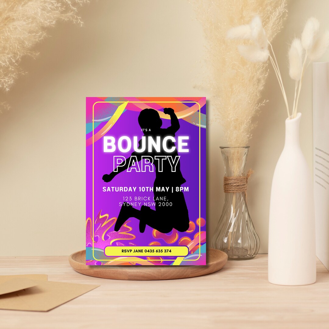 Bounce Party Invitation: Neon Jump Theme, Editable Canva Template ...