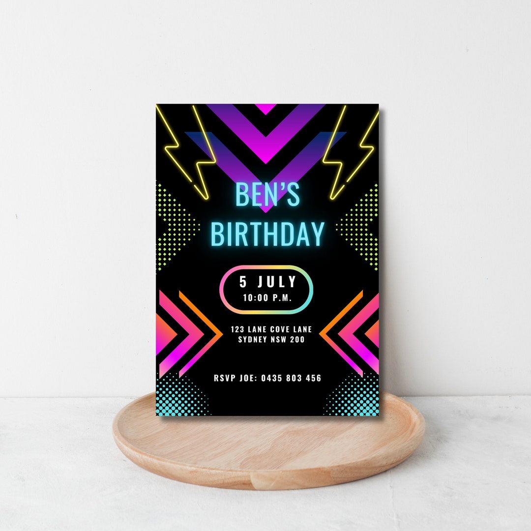 Neon Birthday Invitation: Electric Party Invite, Edit in Canva (instant ...