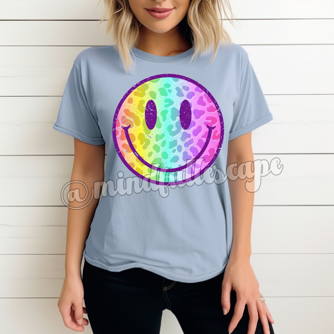 Distressed Smiley Face PNG, Rainbow Leopard Print Smile Face Shirt ...