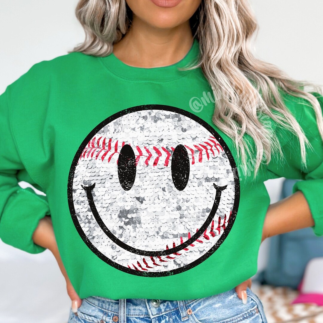 Sparkly Baseball Smiley Face PNG, Faux Sequins Game Day PNG, Baseball ...