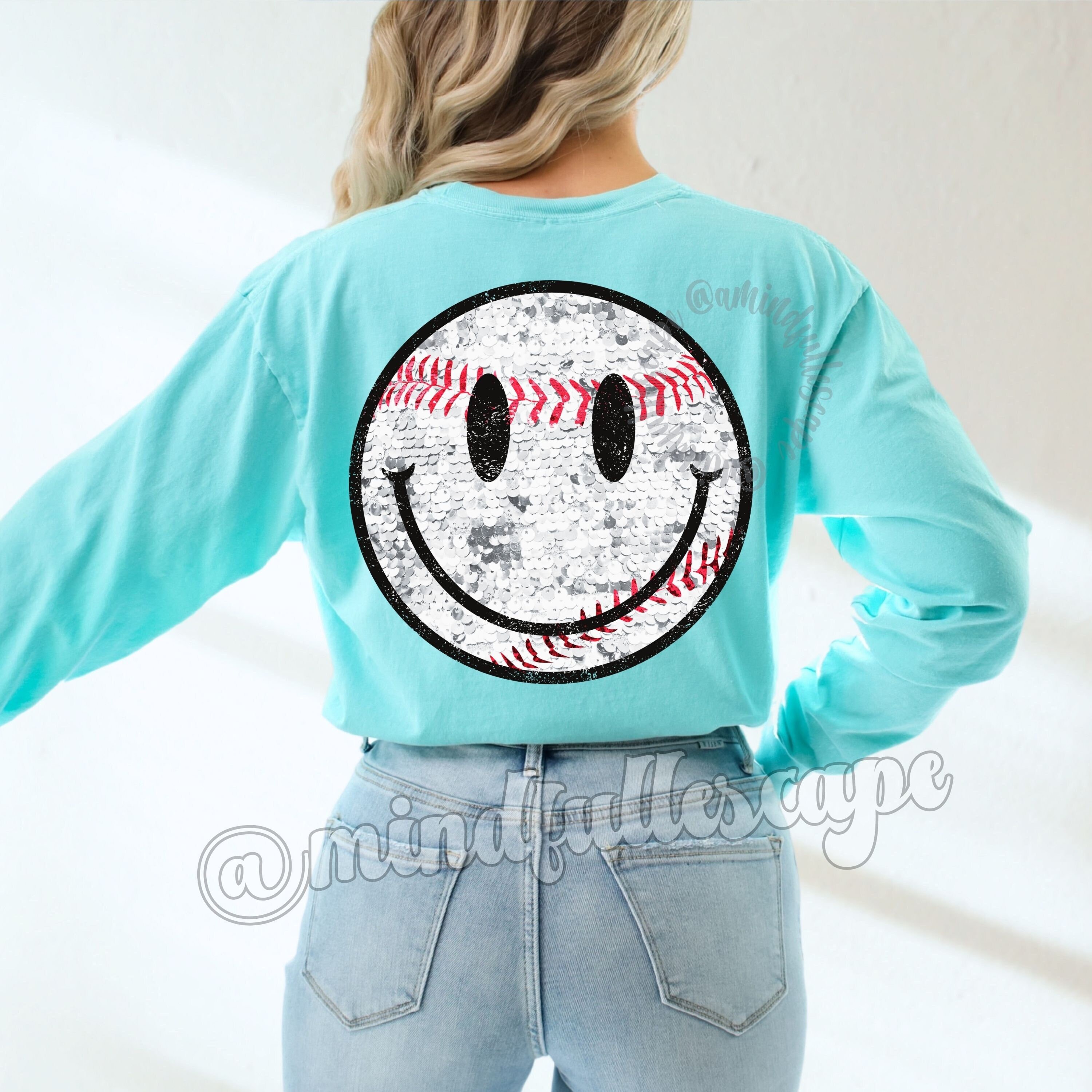 Sparkly Baseball Smiley Face PNG, Faux Sequins Game Day PNG, Baseball ...
