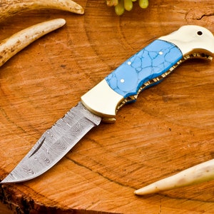 Folding Knife, Turquoise Stone and Brass Handle, Beautiful Knife With ...