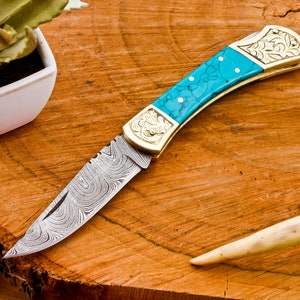 Folding Knife, Turquoise Stone and Brass Handle, Beautiful Knife With ...