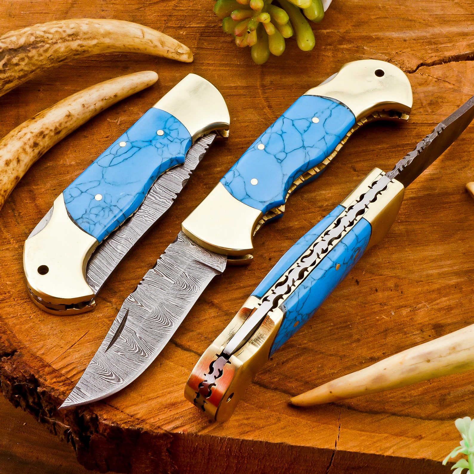 Folding Knife, Turquoise Stone and Brass Handle, Beautiful Knife With ...