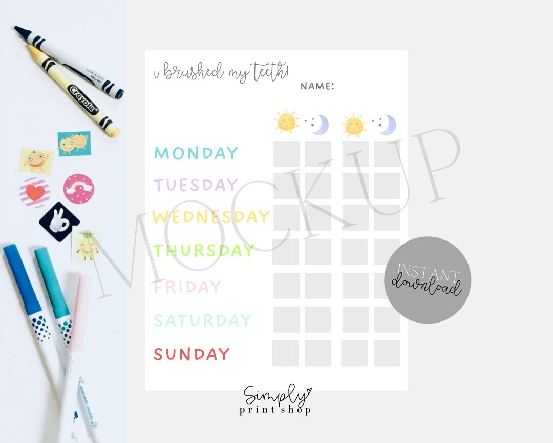 Teeth Brushing Chart, Sticker Chart, Kid's Printable Teeth Brushing ...